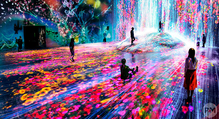 Visitantes interactúan con obras tridimensionales de elefantes, flores ...