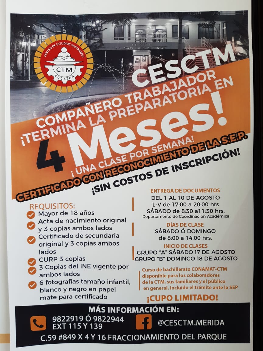 CTM invita a trabajadores a concluir la preparatoria en 16 semanas